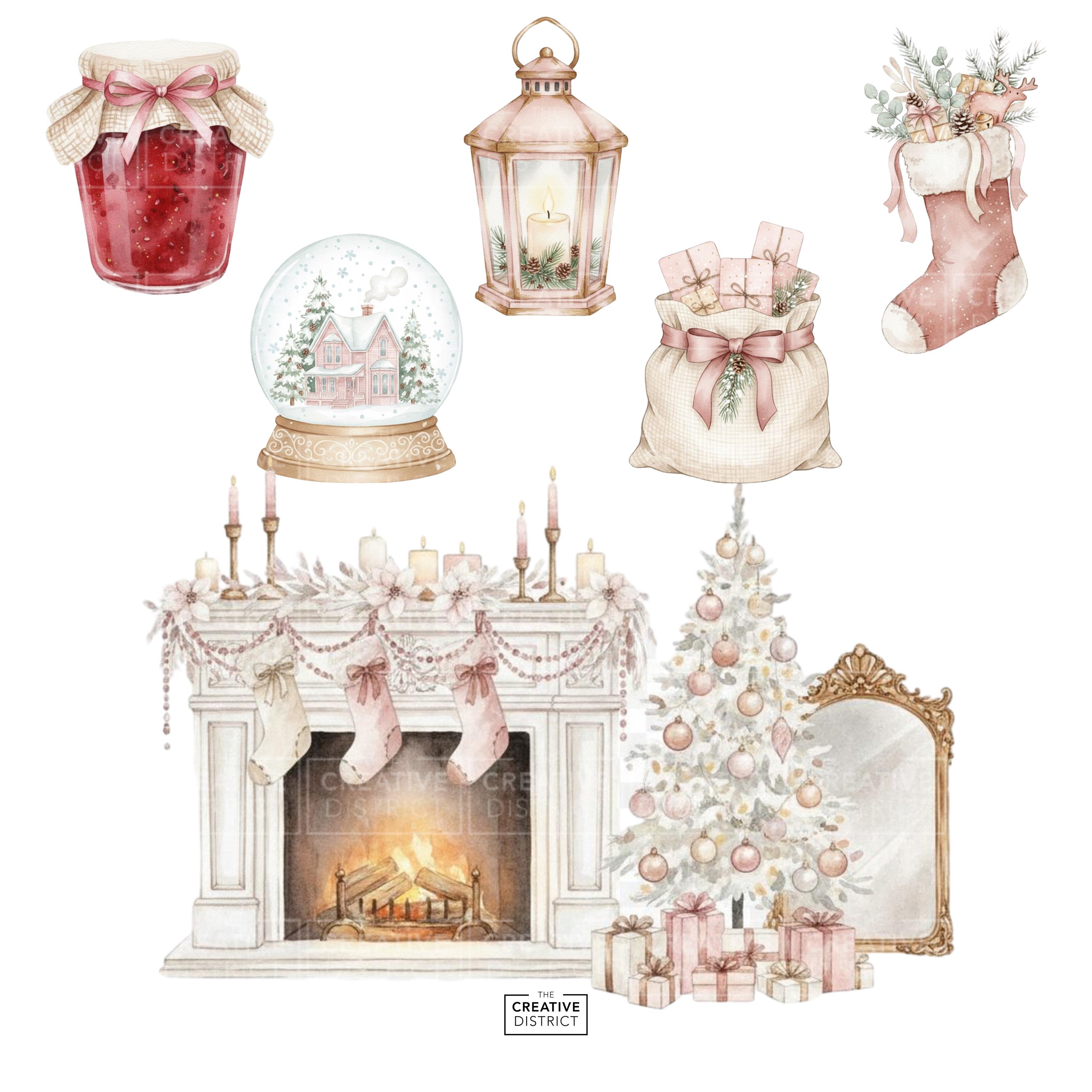 Pink Christmas Watercolor Clipart Set, Elegant Vintage Holiday Pngs ...