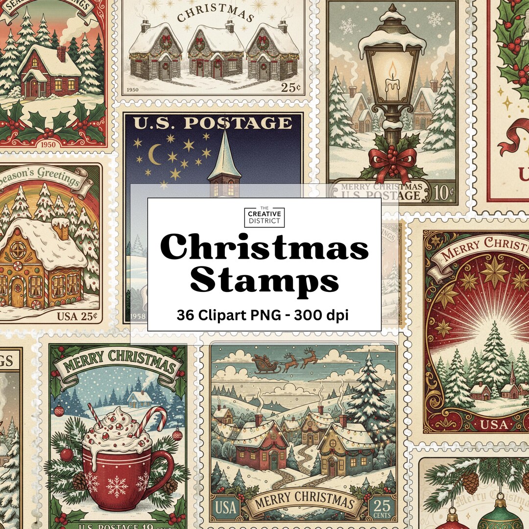 Vintage Christmas Stamp Clipart – Retro Holiday Pngs, Postage Style ...