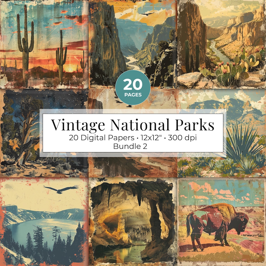 National Parks Digital Paper Bundle 2, Retro Outdoor Scrapbook Paper ...
