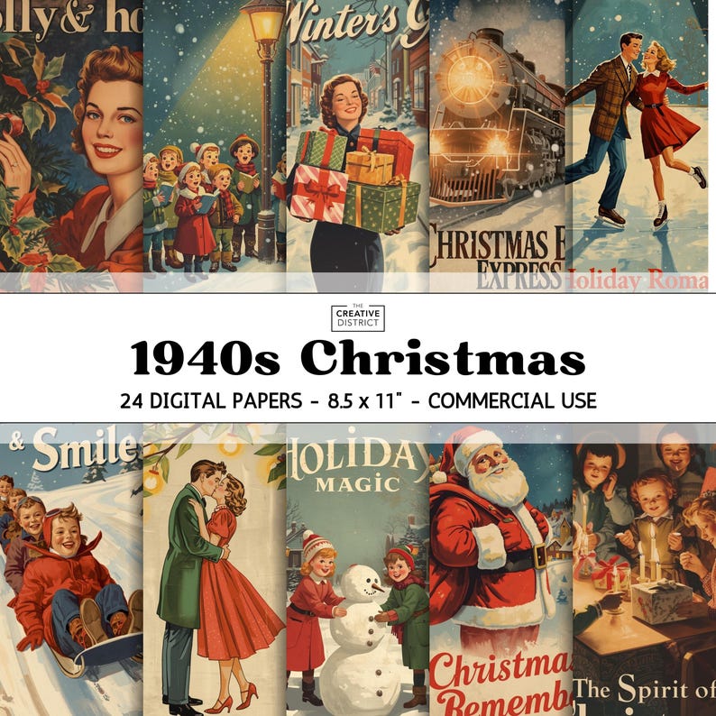 1940s Christmas Vintage Poster Art Style Holiday Prints – Retro Santa ...