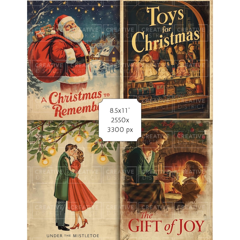 1940s Christmas Vintage Poster Art Style Holiday Prints – Retro Santa ...