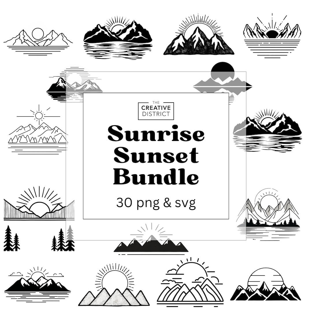 Black & White Sunset Sunrise SVG PNG Bundle Sun Clipart Minimalist Sun ...