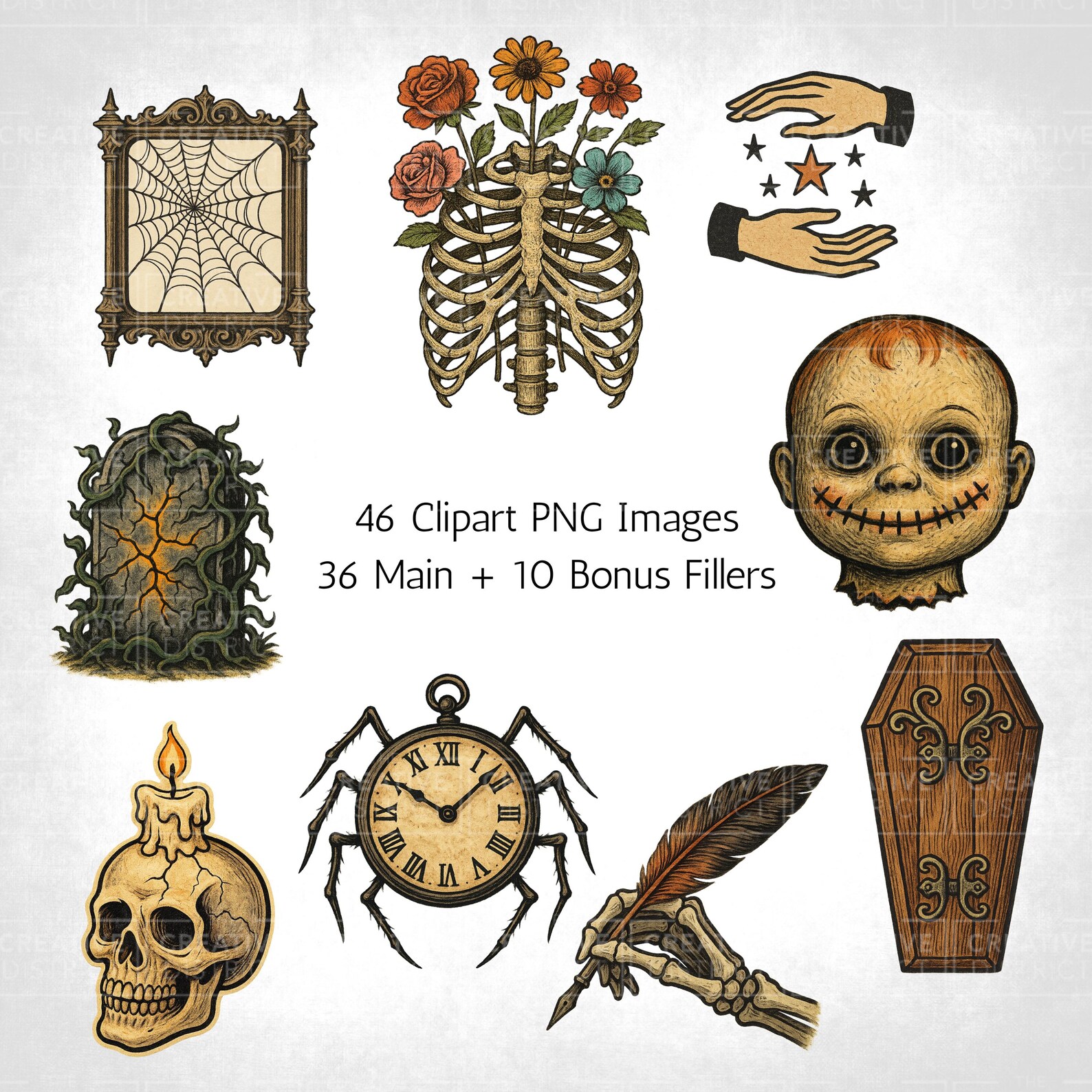 Macabre Halloween Clipart Bundle, PNG Files, Vintage Spooky Oddities ...