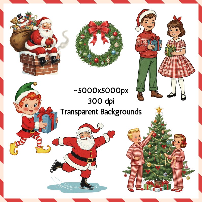 1950s Christmas Clipart Bundle, Retro Vintage Holiday Illustrations ...