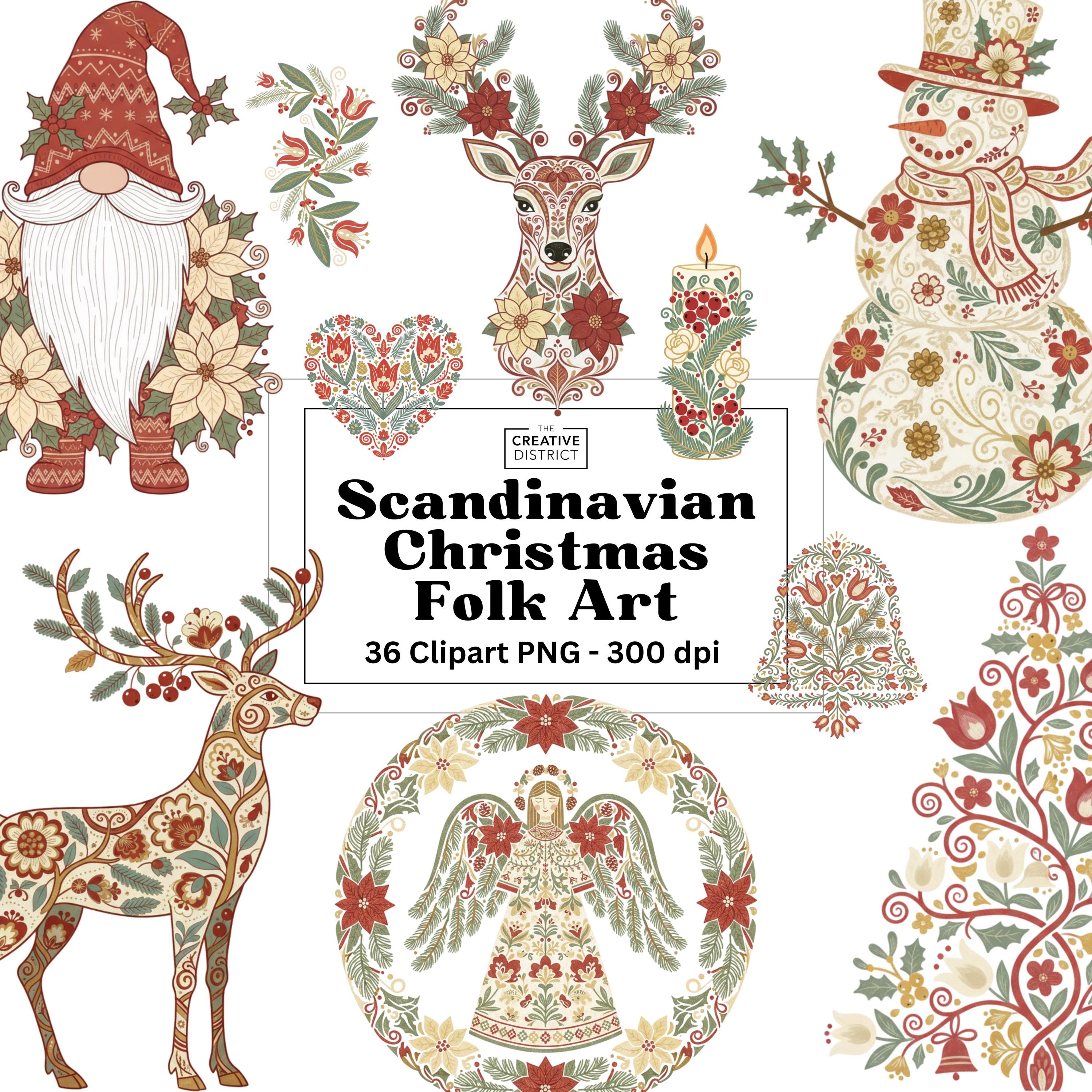 Scandinavian Folk Art Christmas Clipart – 36 Floral Holiday ...