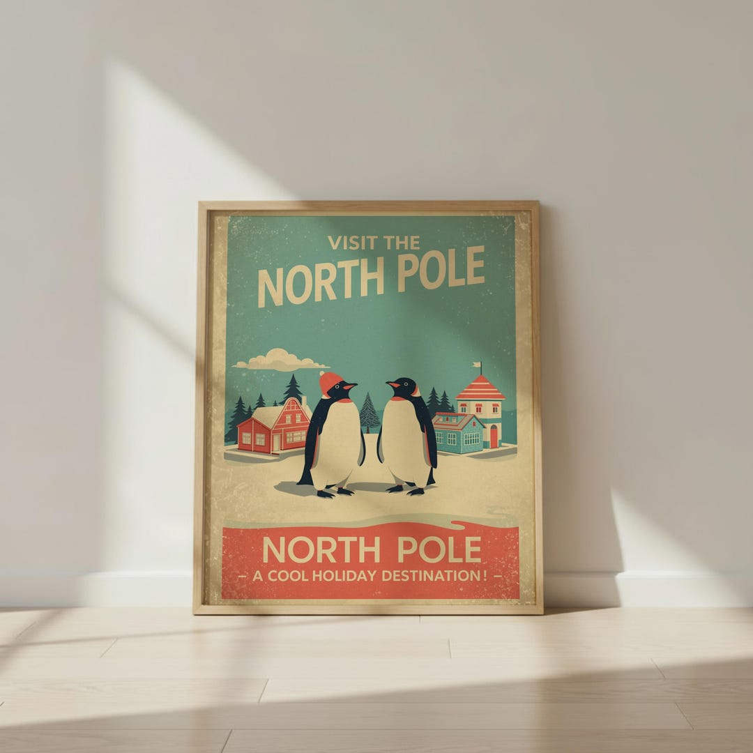 Retro Christmas Poster, Visit the North Pole Art Print, 1960s Holiday ...
