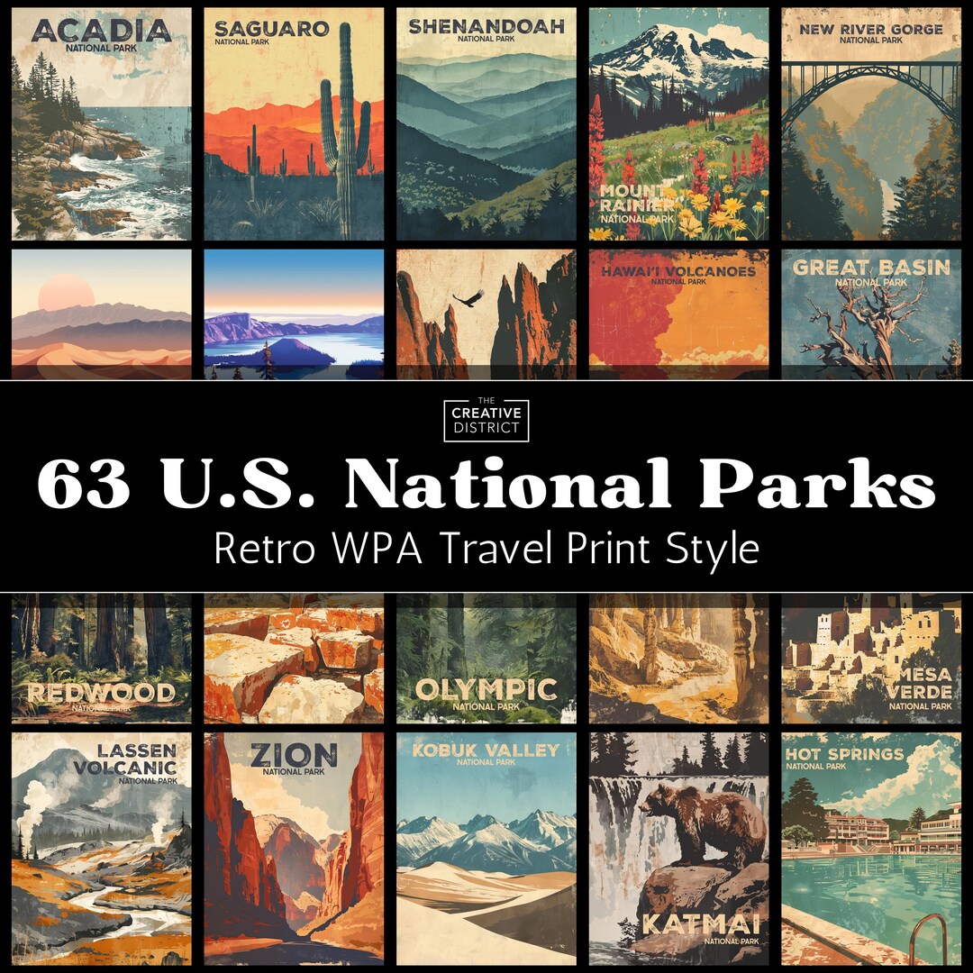 All 63 U.S. National Parks Poster Bundle – Retro WPA Travel Print Style ...
