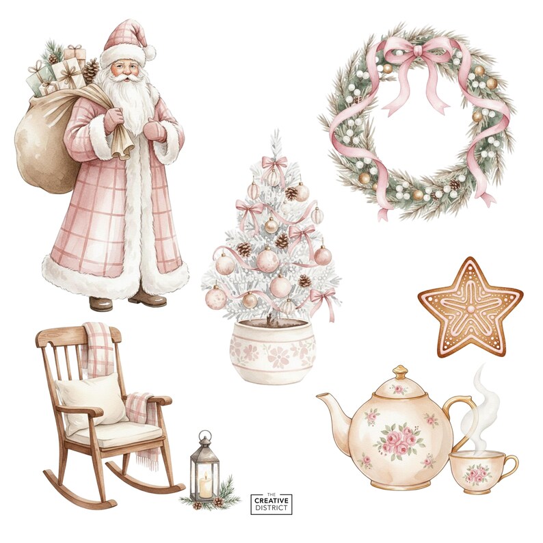 Pink Christmas Watercolor Clipart Set, Elegant Vintage Holiday Pngs ...