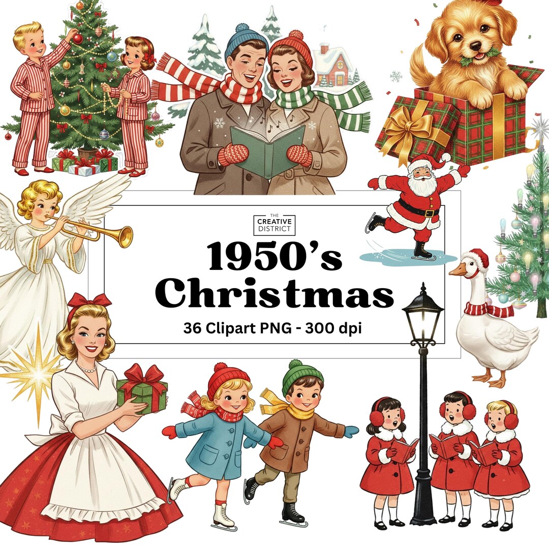 1950s Christmas Clipart Bundle, Retro Vintage Holiday Illustrations ...