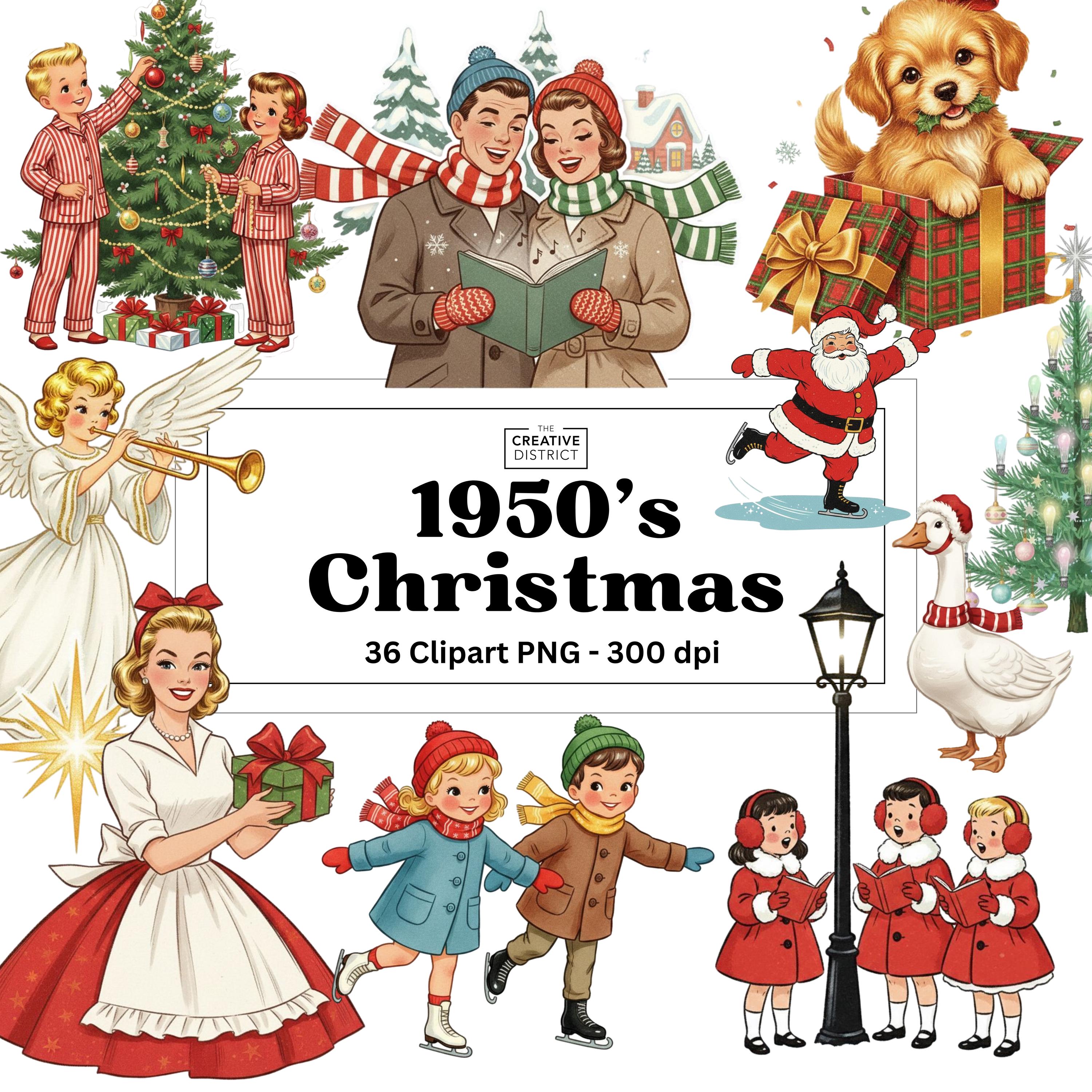 1950s Christmas Clipart Bundle, Retro Vintage Holiday Illustrations ...