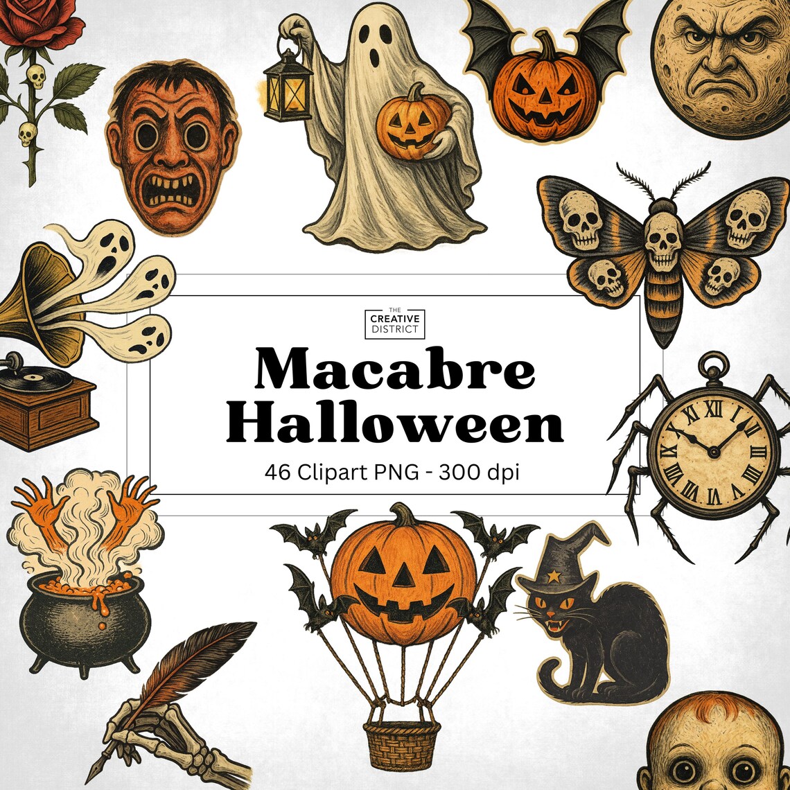 Macabre Halloween Clipart Bundle, PNG Files, Vintage Spooky Oddities ...