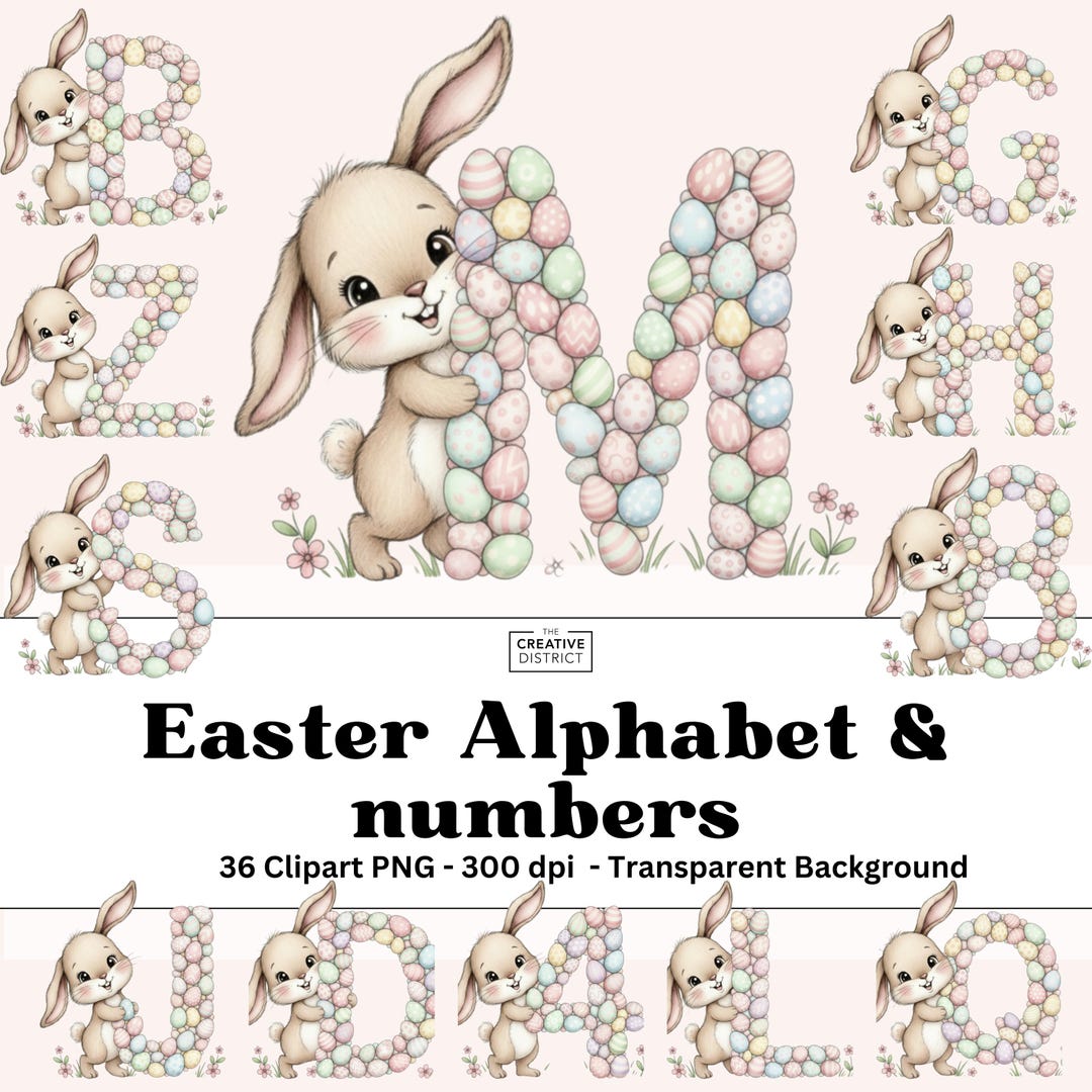 Easter Egg Alphabet & Numbers Clipart – Cute Bunny Easter Letters and ...