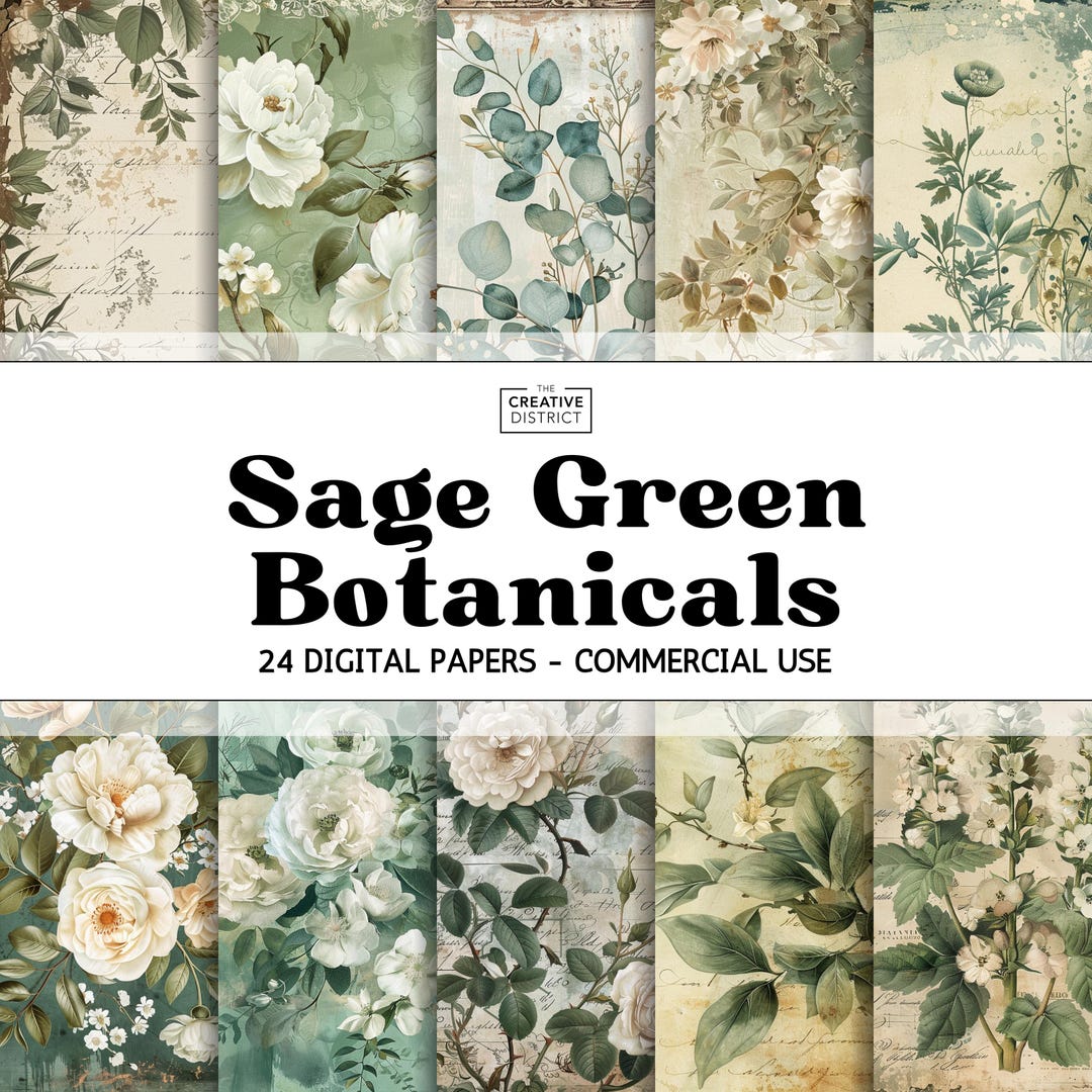 Sage Green Botanical Digital Paper Vintage Floral Backgrounds Plants ...