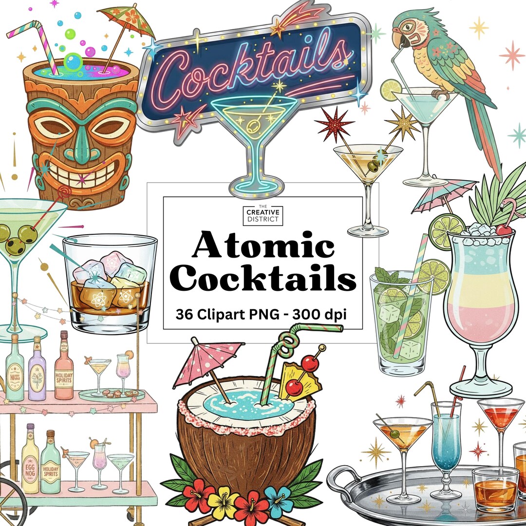 Atomic Cocktails Clipart Bundle, Retro Mid-century Pngs, Kitschy ...