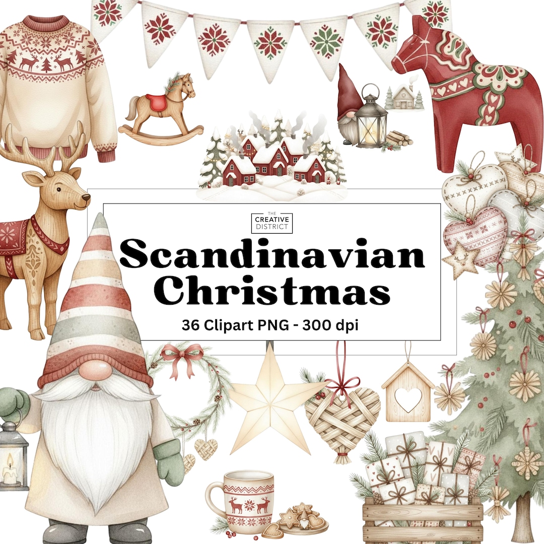 Scandinavian Christmas Clipart Bundle - Nordic Holiday Folk Art, Cozy ...