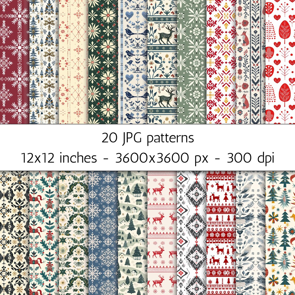 Scandinavian Christmas Seamless Patterns Nordic Folk Art Holiday ...