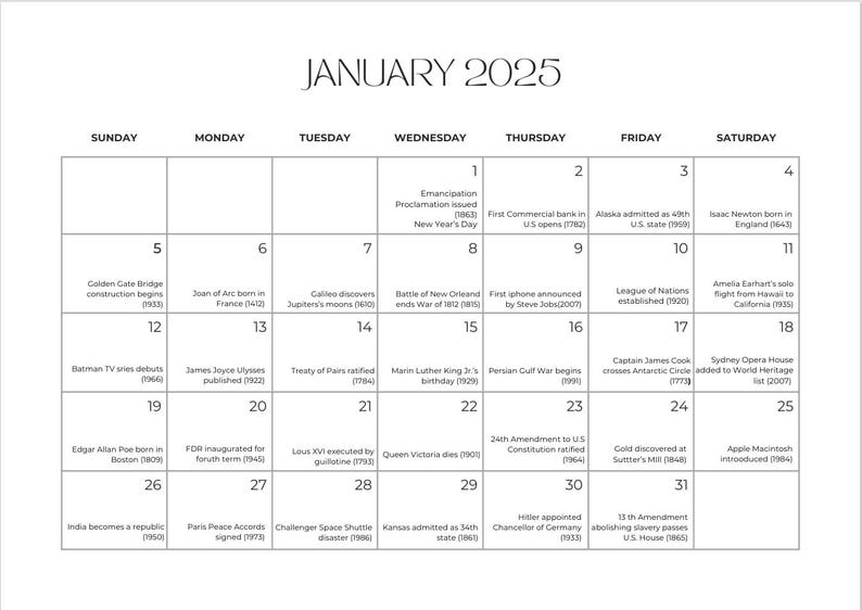 2025 Printable, This Day in History Calendar. - Etsy