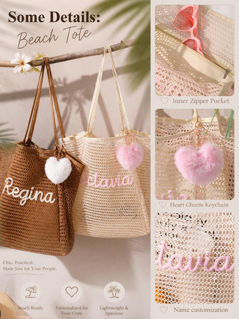 Personalized Beach Tote Bag, Sand-proof Nylon Mesh Tote, Custom Name ...