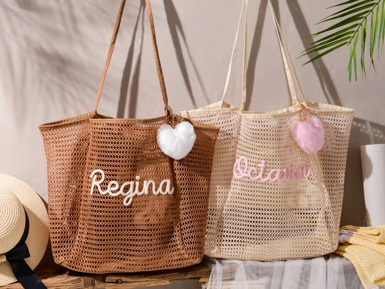 Personalized Beach Tote Bag, Sand-proof Nylon Mesh Tote, Custom Name ...
