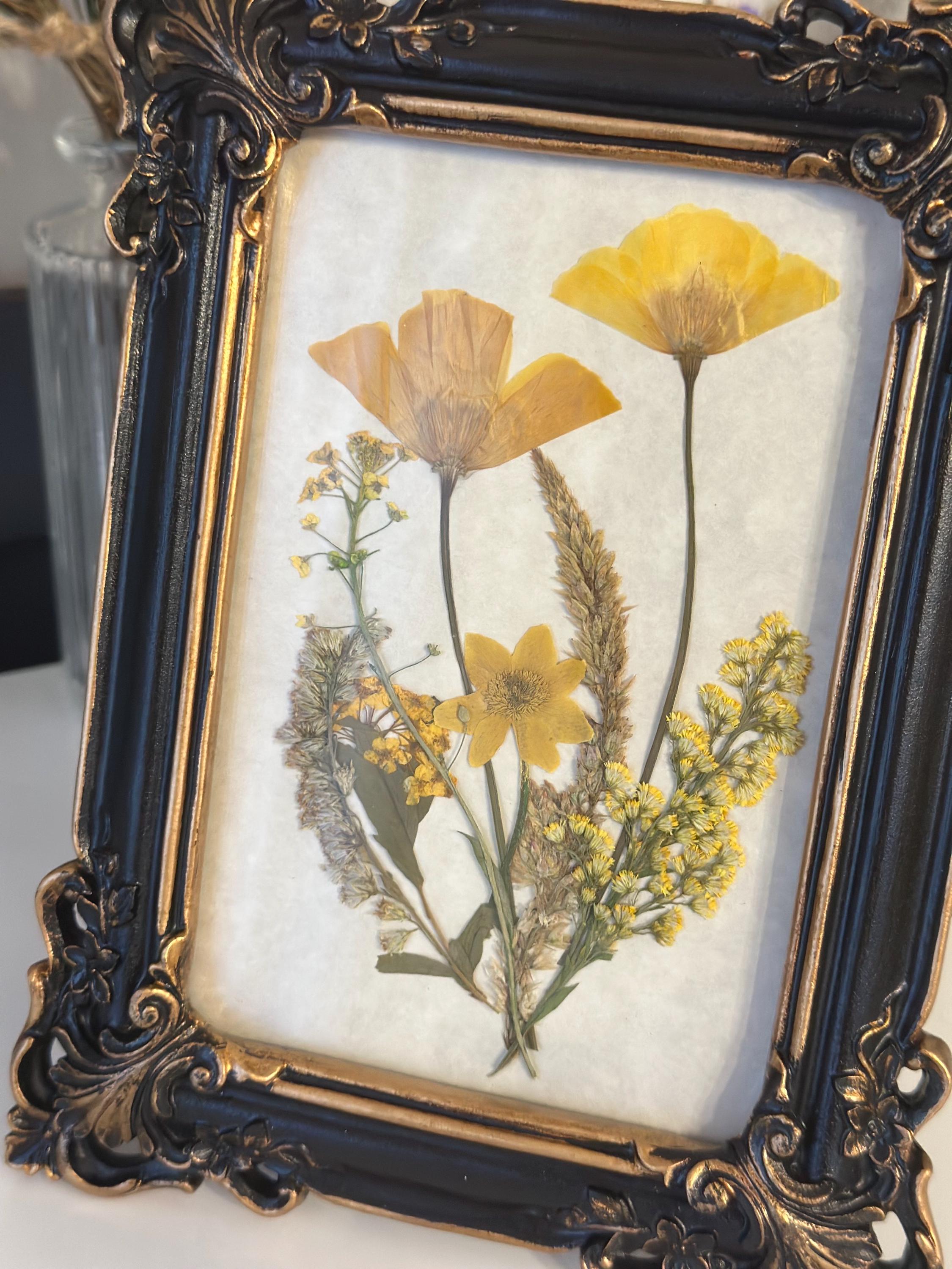 Handmade Pressed Flower Art Fall Decor Vintage Black & Gold Frame Decor ...
