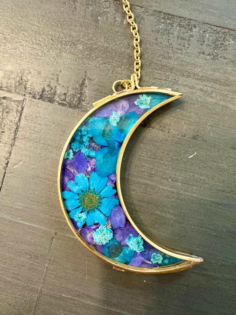 Pressed Flower Blue Moon Hanging Art: Handmade Botanical Gold Frame ...