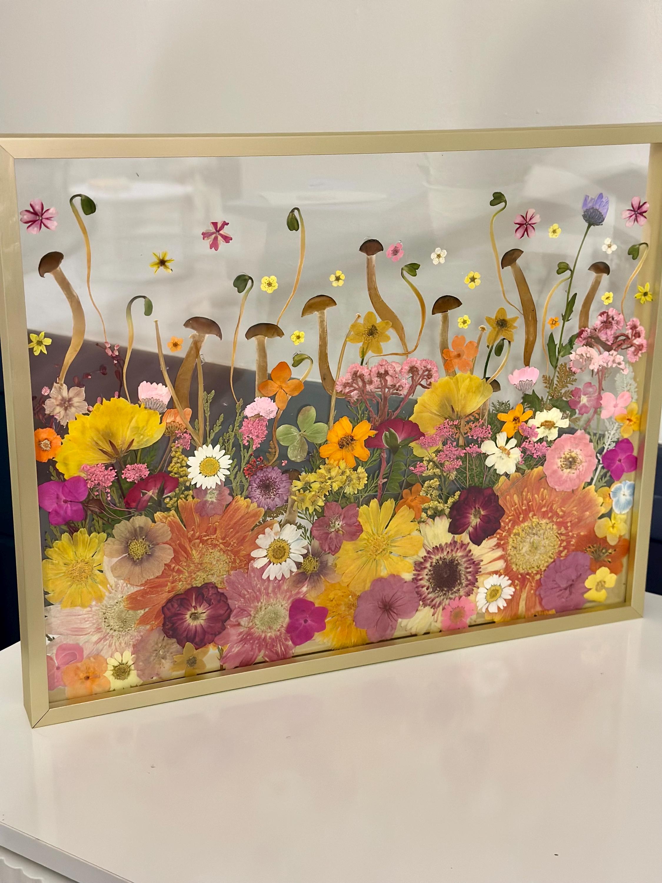 Boho Flower Art Mushroom Art in Gold Shadow Box Frame Floral Decor Real ...