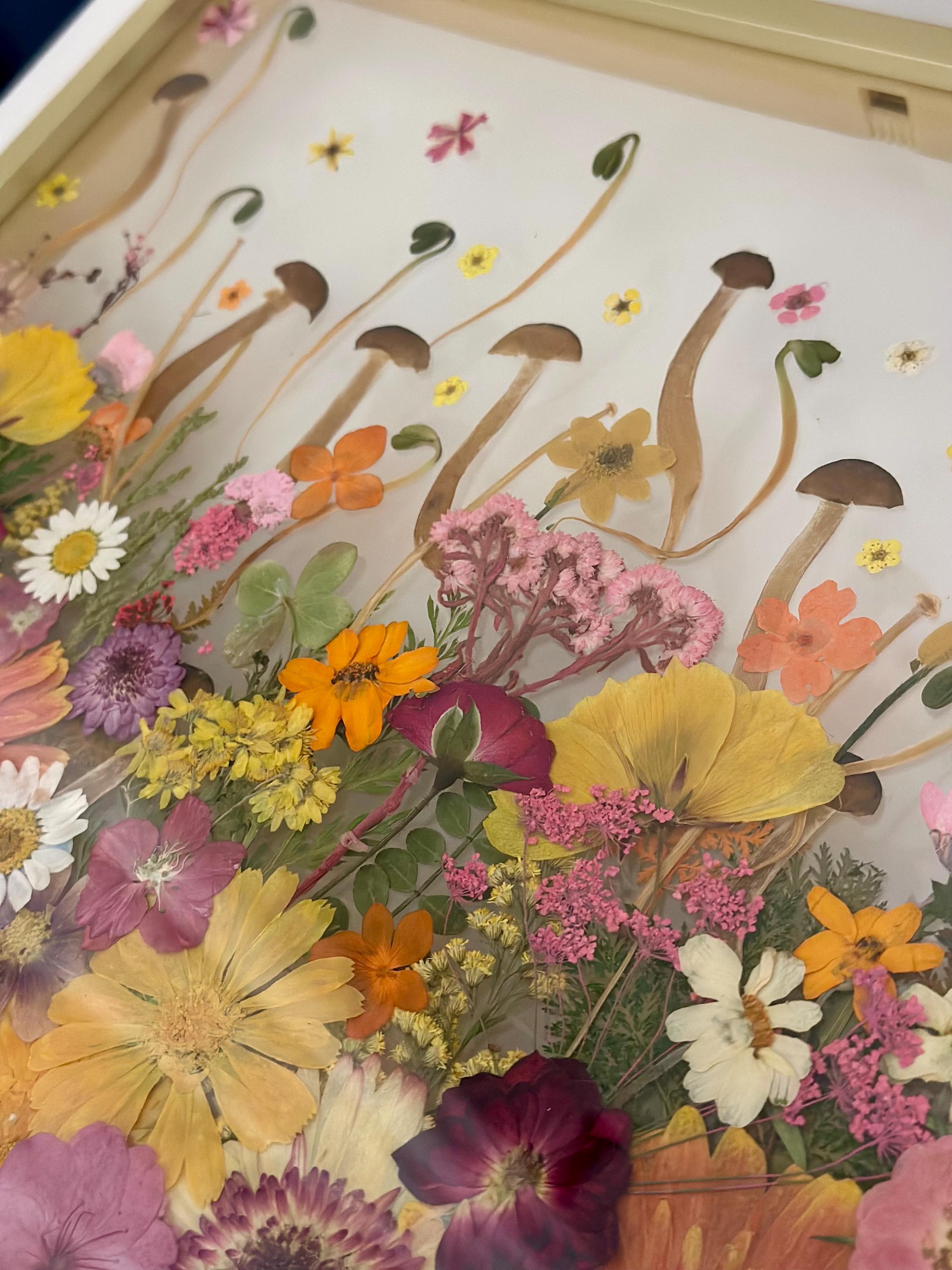 Boho Flower Art Mushroom Art in Gold Shadow Box Frame Floral Decor Real ...