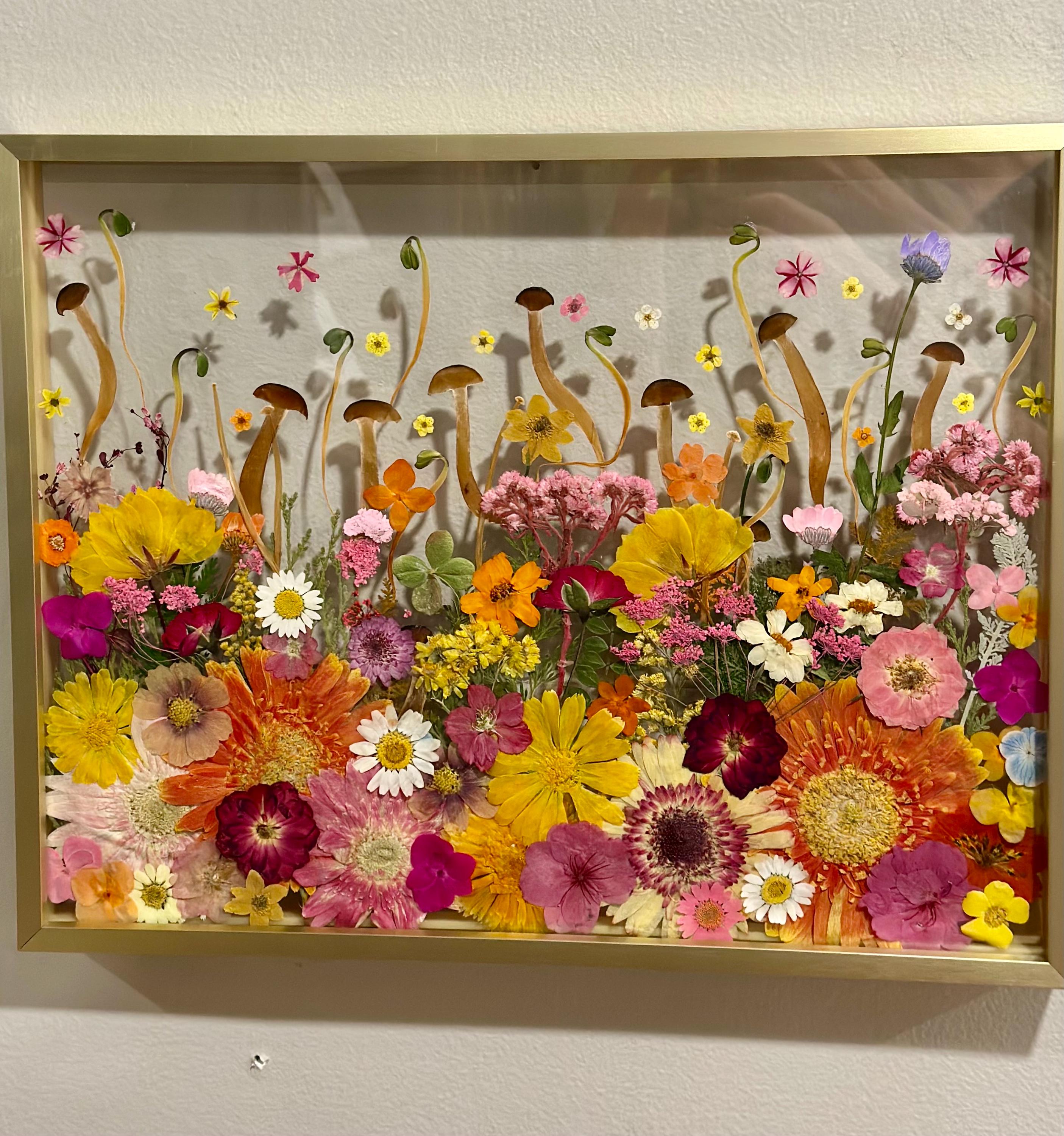 Boho Flower Art Mushroom Art in Gold Shadow Box Frame Floral Decor Real ...