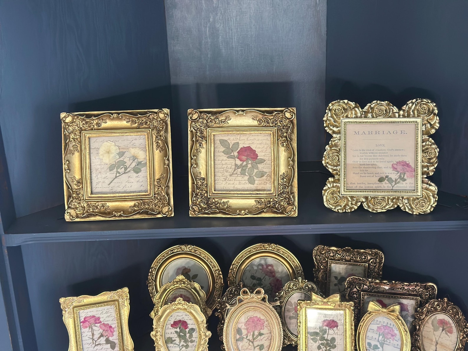 Rose Pressed Flower Art Vintage Gold Frame Decor - Etsy