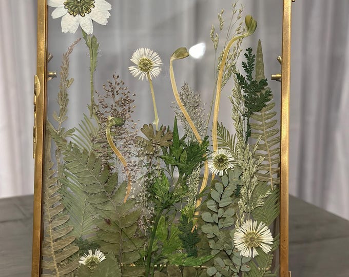 Pressed Daisy and Greenery Art - Real Botanical Frame With Gold Stand ...