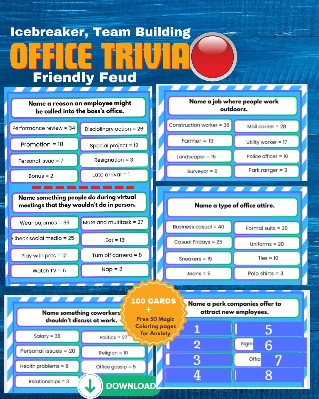 Office Trivia Friendly Feud Game for Team Building Office Parties ...