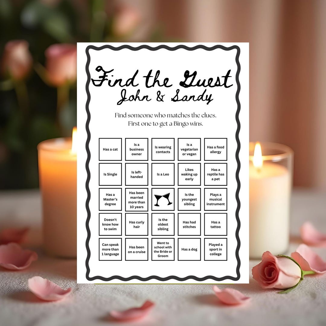 Minimalist Find the Guest - Black and White Bingo Card, Reception ...