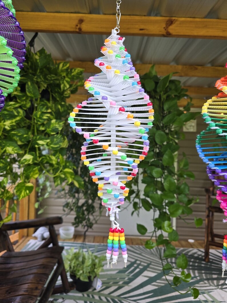 Rainbow Beaded White Canvas Wind Spinner Handmade Porch Decor Twirly ...