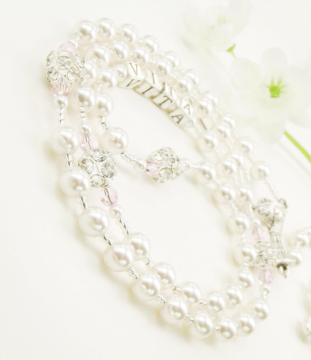 Girls First Holy Communion Rosary Personalized White Pearl With ...
