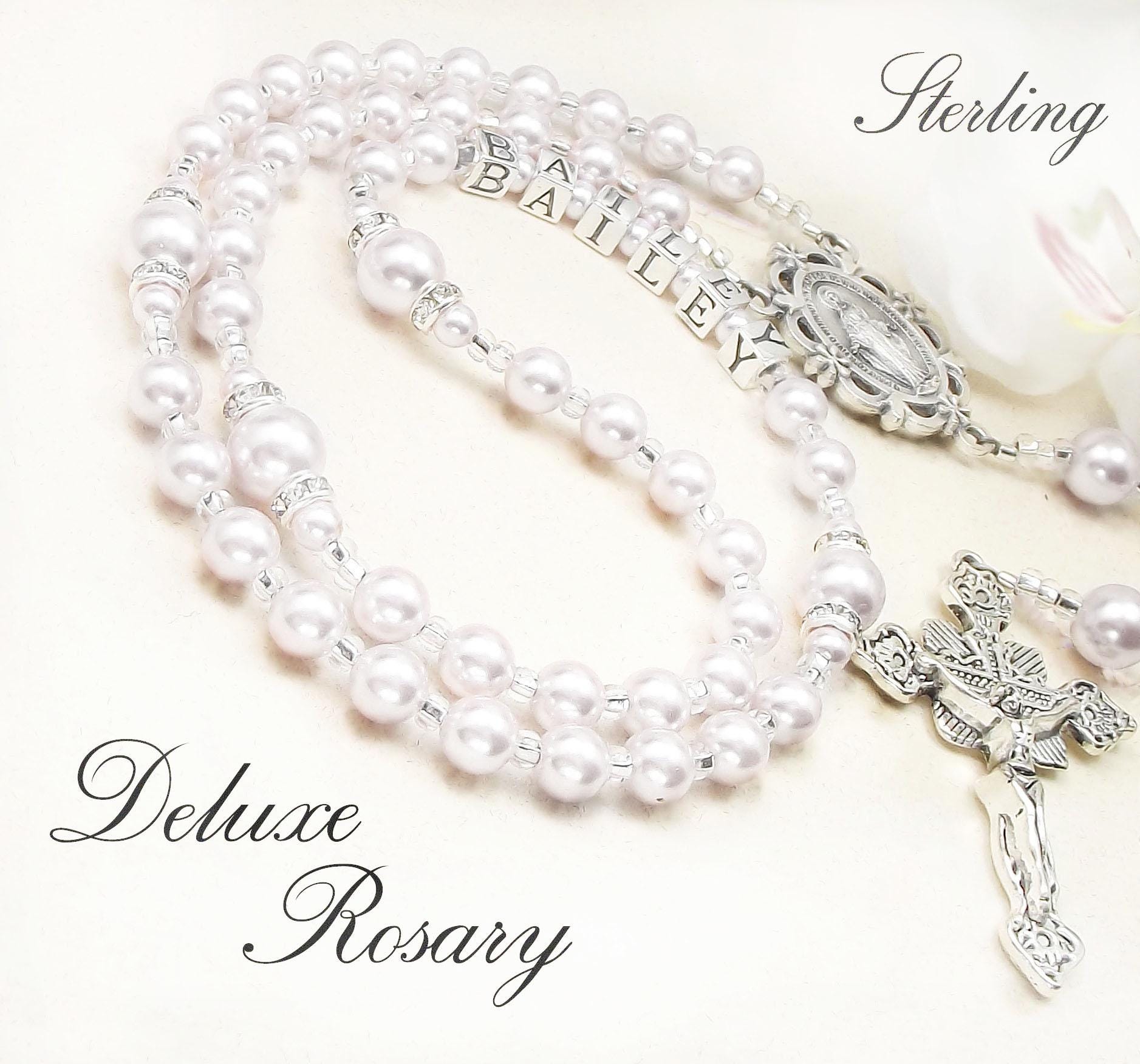 Personalized White Pearl First Holy Communion Rosary, Sterling Silver ...