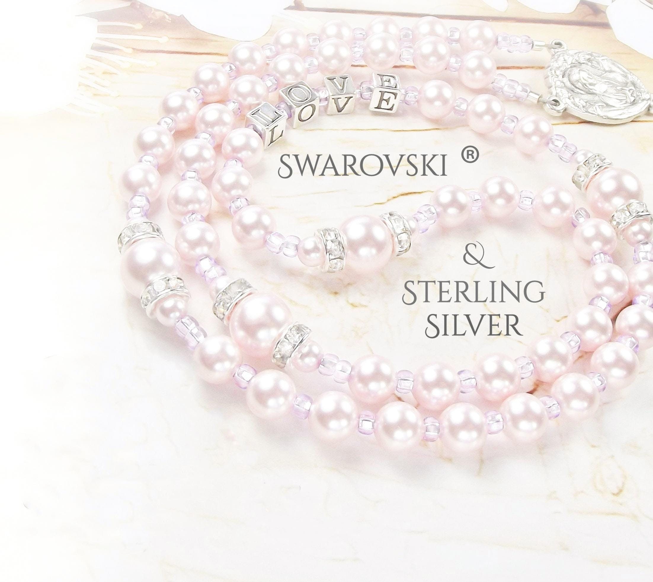 Personalized Pink Pearl Baptism Rosary for Girl, Sterling Silver ...