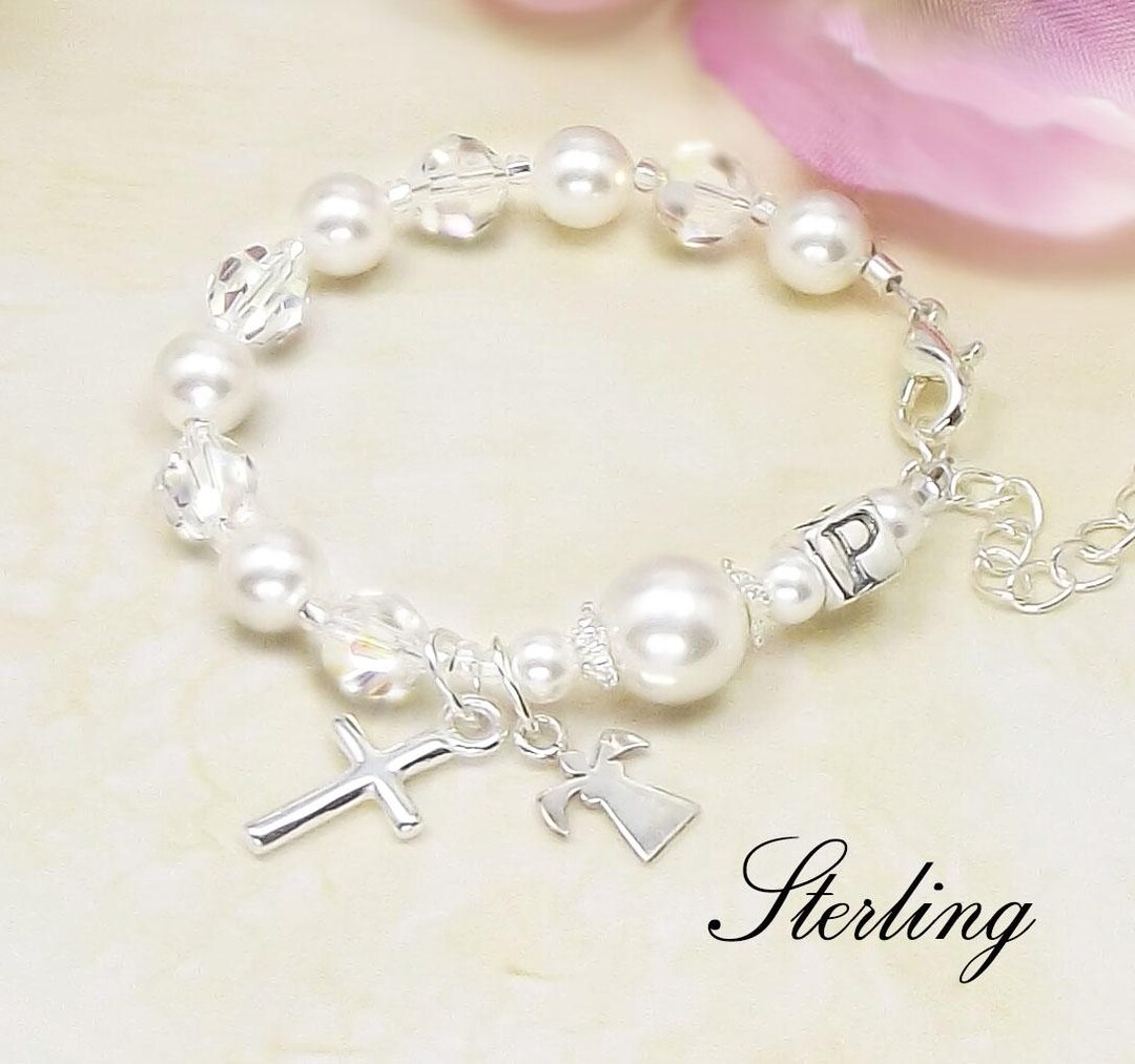 Baby Girl Personalized Baptism Rosary Bracelet - Sterling Silver Charms ...