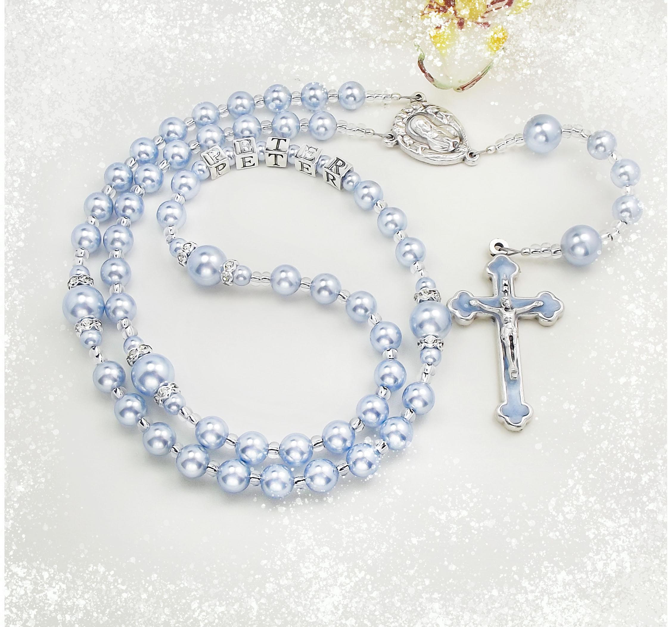 Personalized Blue Pearl Boys Baptism Rosary, Sterling Silver Letter ...