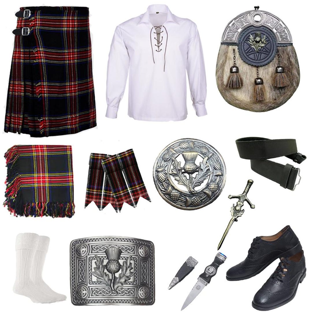 Scottish Men's 12 Pieces Thistle Sporran Kilt Set Traditional Highland ...