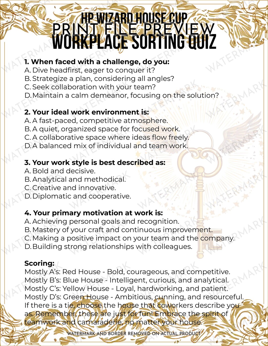 Wizard House Cup Sorting Quiz for the Workplace | Printable Digital ...