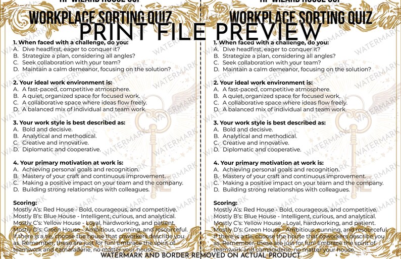 Wizard House Cup Sorting Quiz for the Workplace | Printable Digital ...