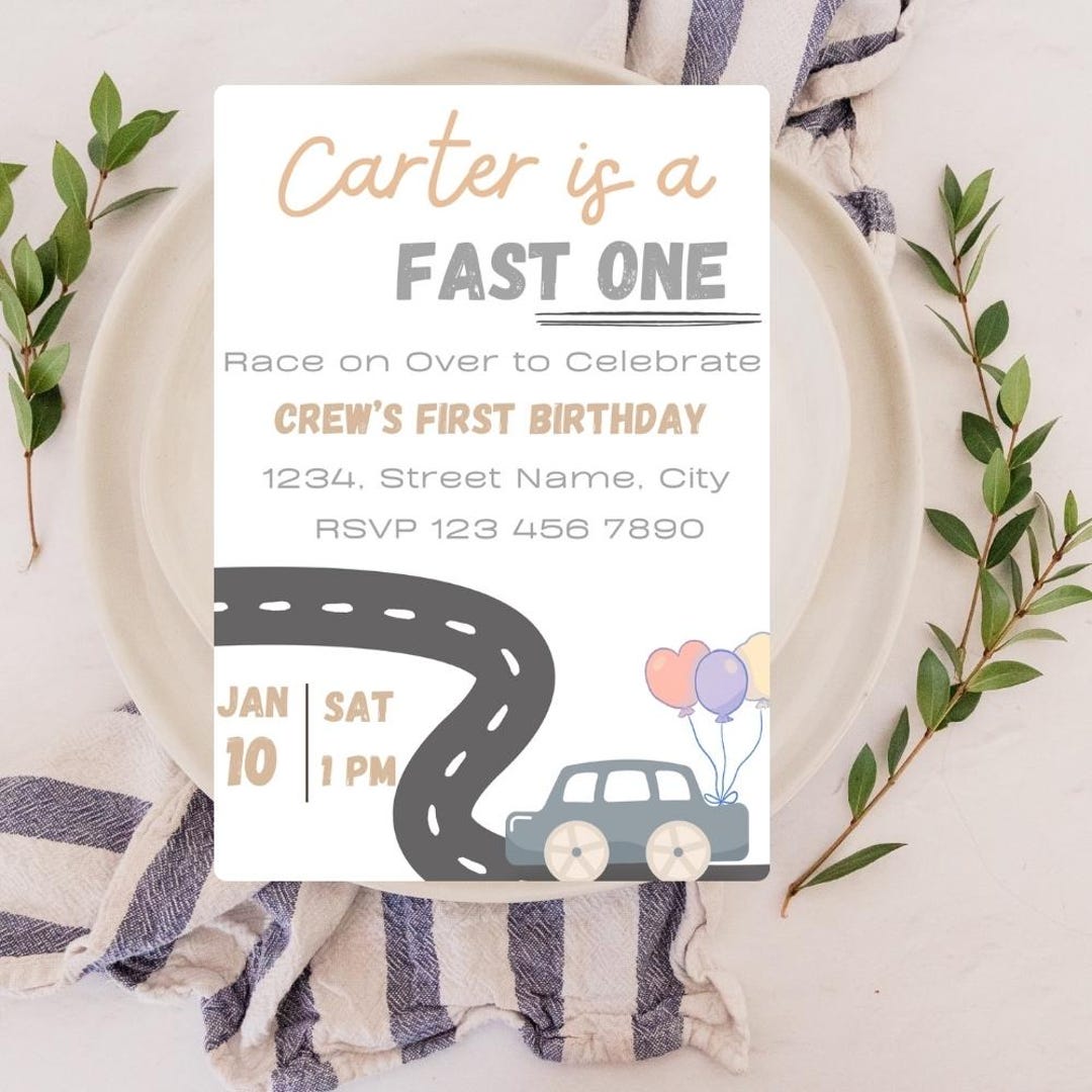 Fast One Birthday Invitation Template, Editable Race Car Theme, First ...