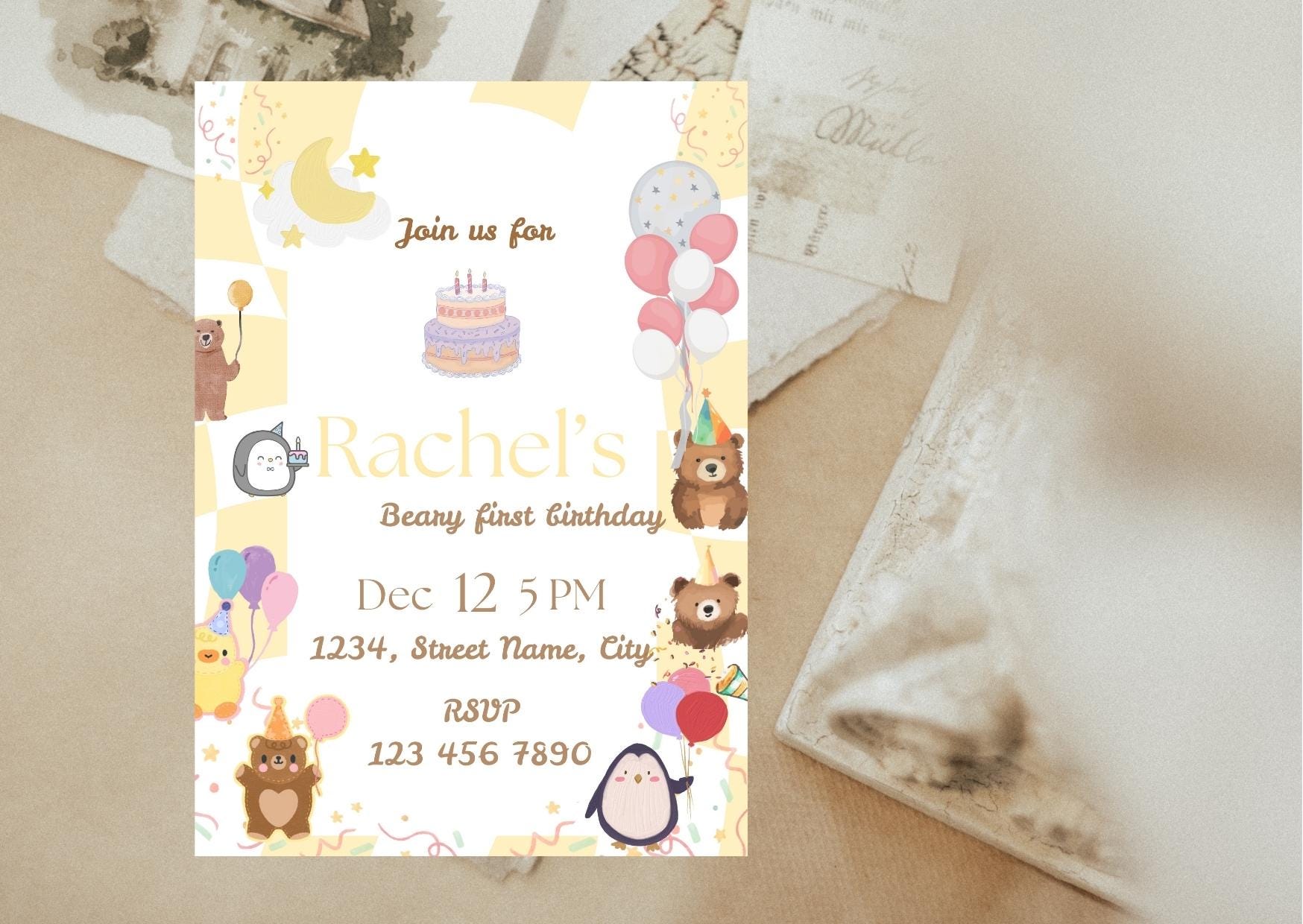 Beary First Birthday Invitation Template Cute Teddy Bear & Animal Theme ...