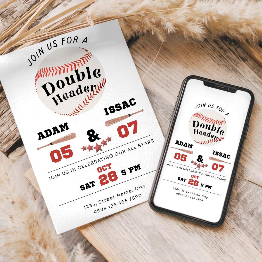 Double Header Birthday Invitation, Baseball Theme Party, Joint Birthday ...