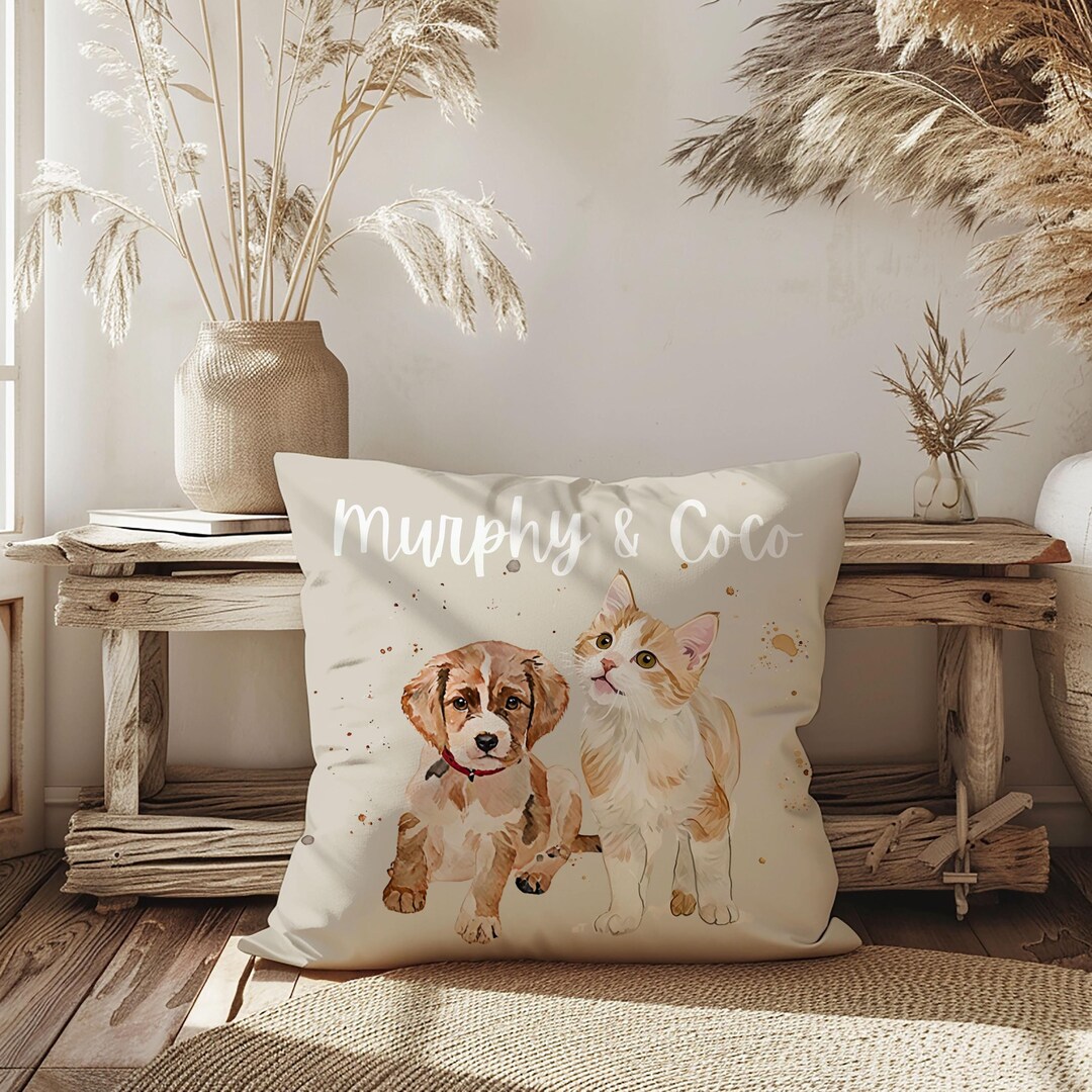 Custom Pet Pillow, Watercolor Dog Cat Portrait, Personalized Home Decor ...