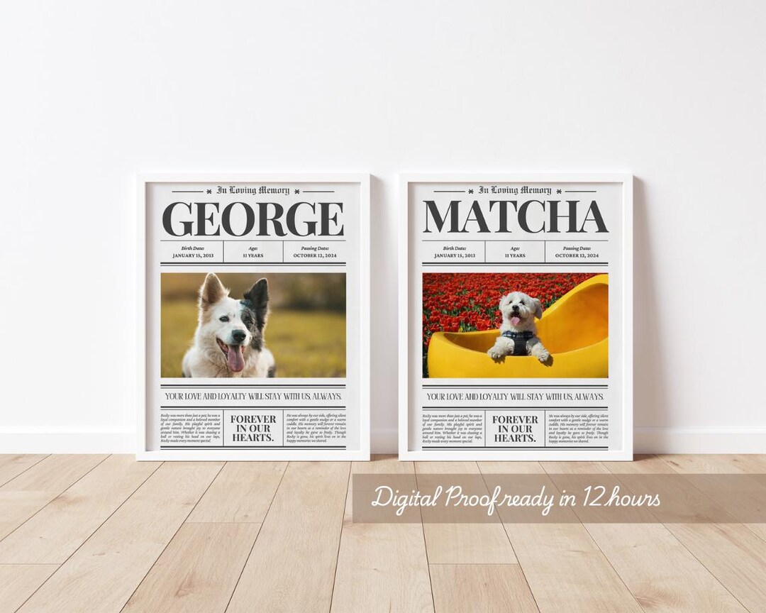 Custom Pet Memorial Newspaper Art, Personalized Dog Cat Portrait - Etsy