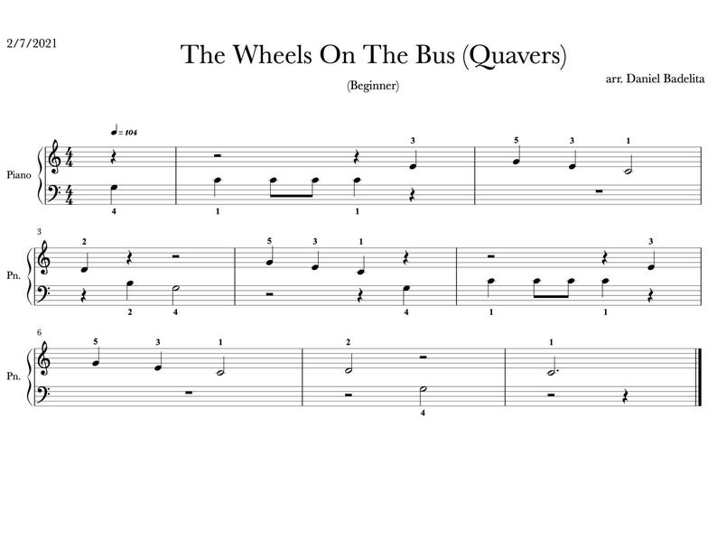 The Wheels on the Bus Including Quaver Version | Beginner Arrangement ...