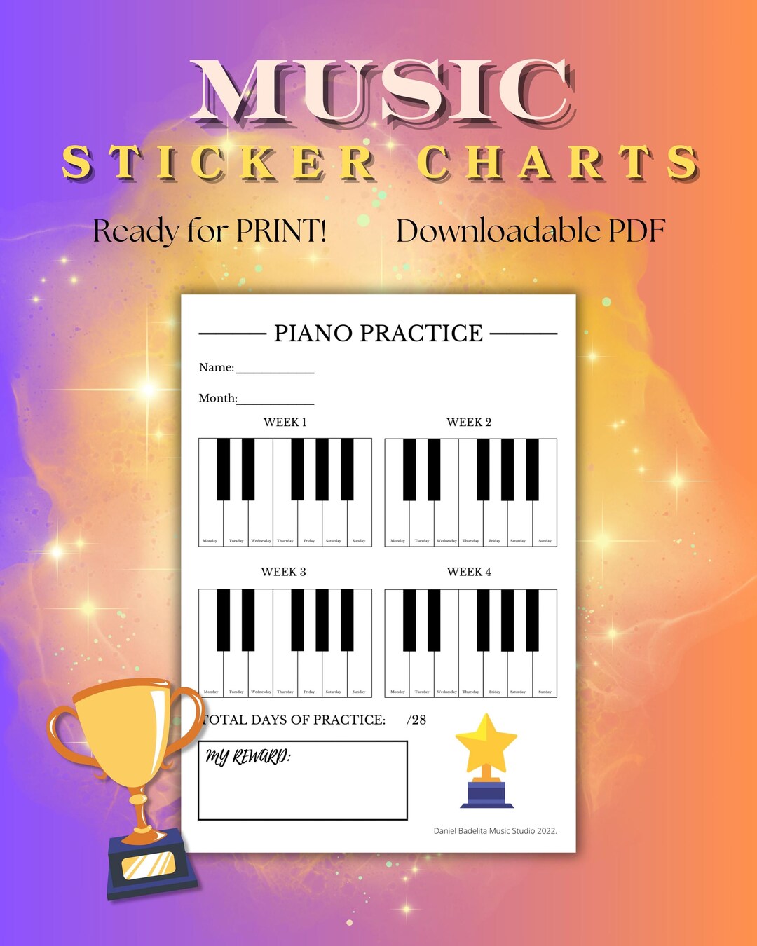 Printable Music Sticker Reward Chart | 4 Weeks Piano Practice ...