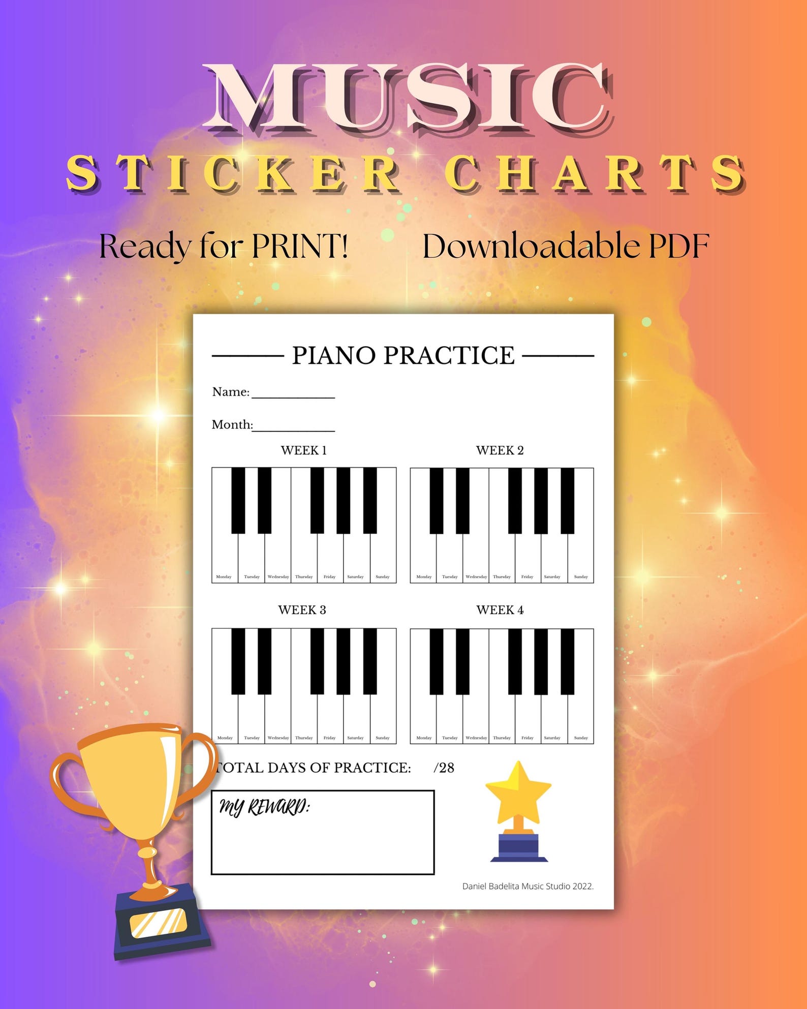 Printable Music Sticker Reward Chart | 4 Weeks Piano Practice ...