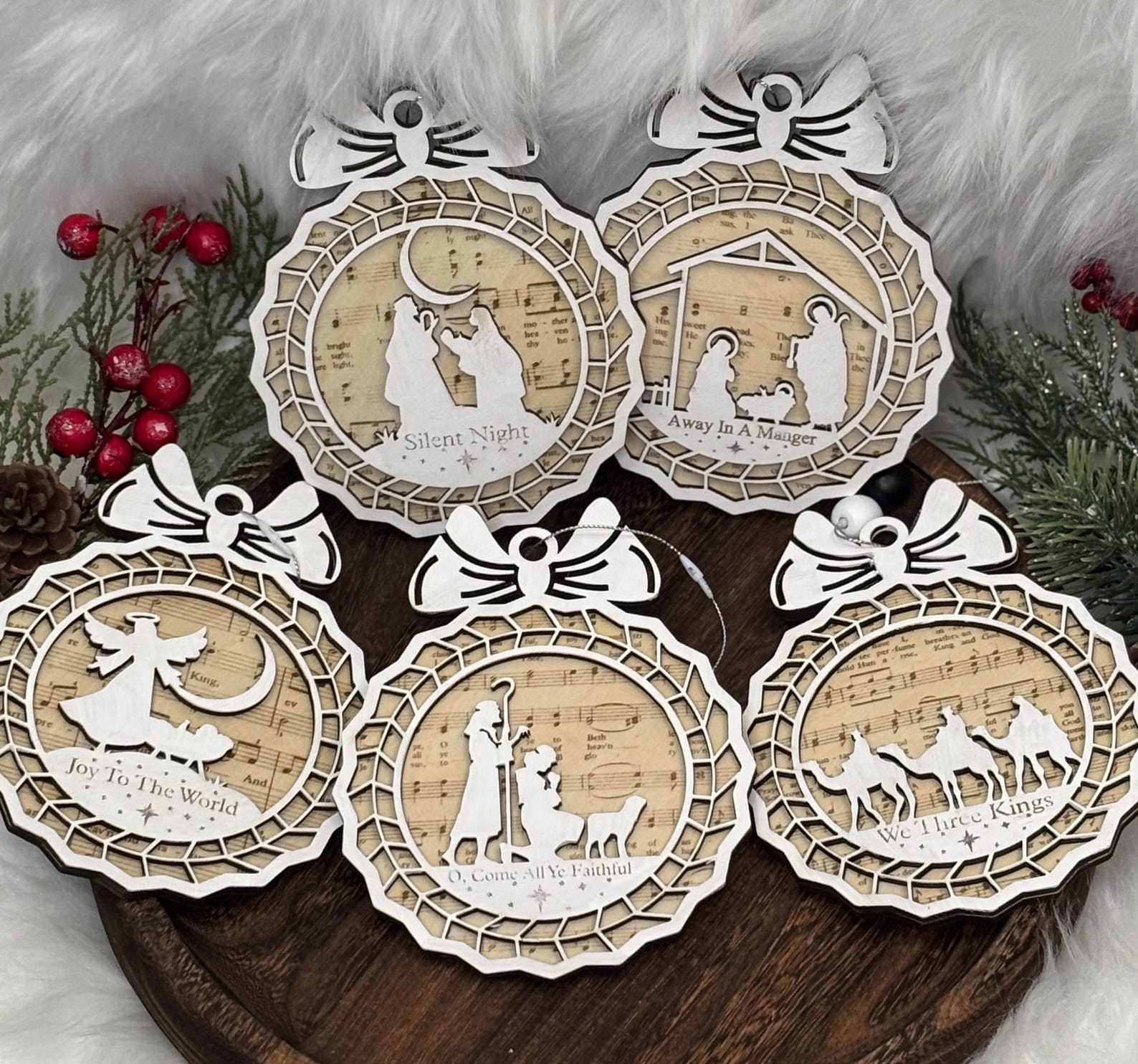 Laser Cut Christmas Nativity Ornament With Engraved Sheet Music - Dual ...